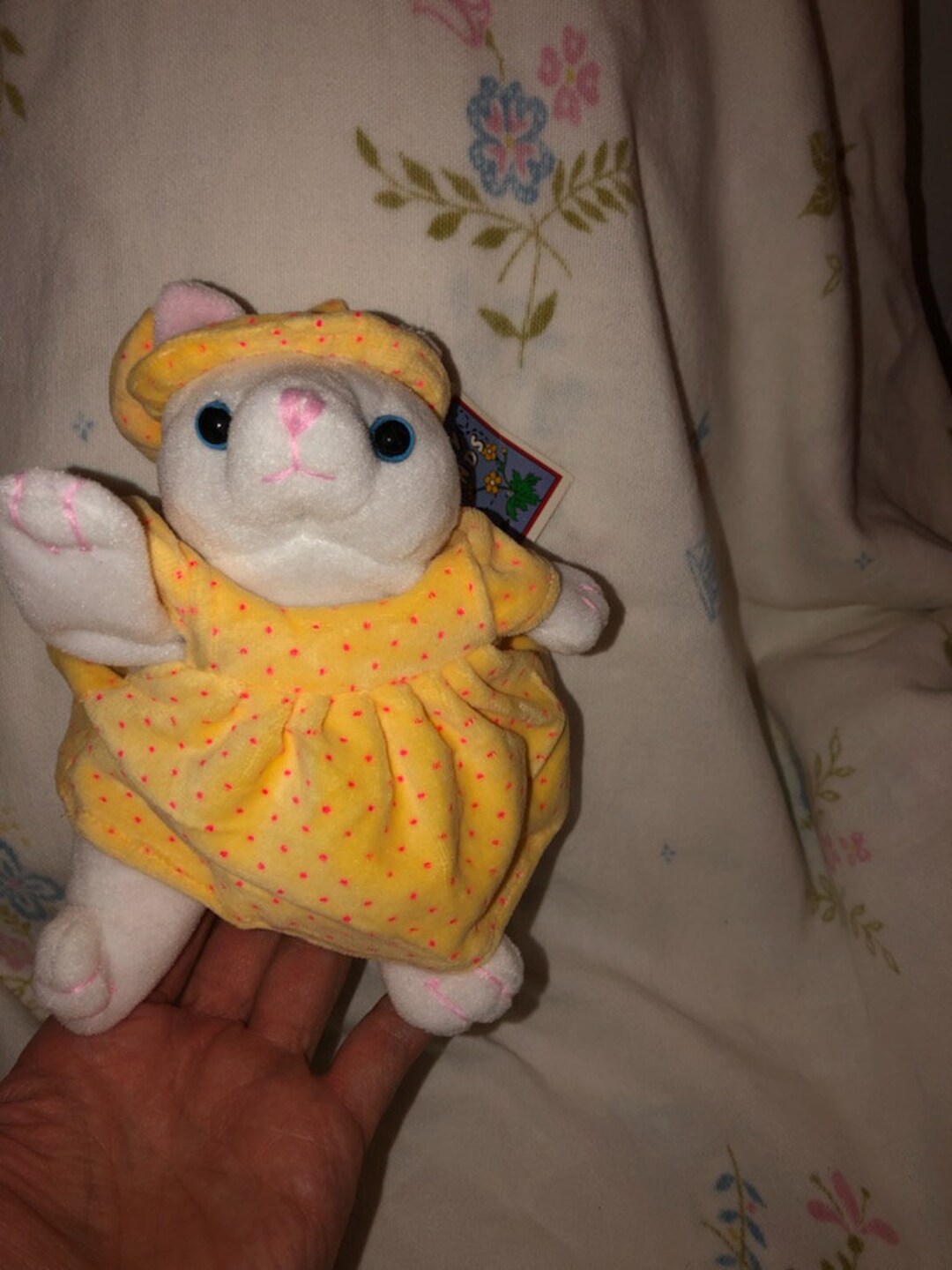Vintage Floppy Friends Cat Plush White Yellow Pink Polka Dots Outfit ...