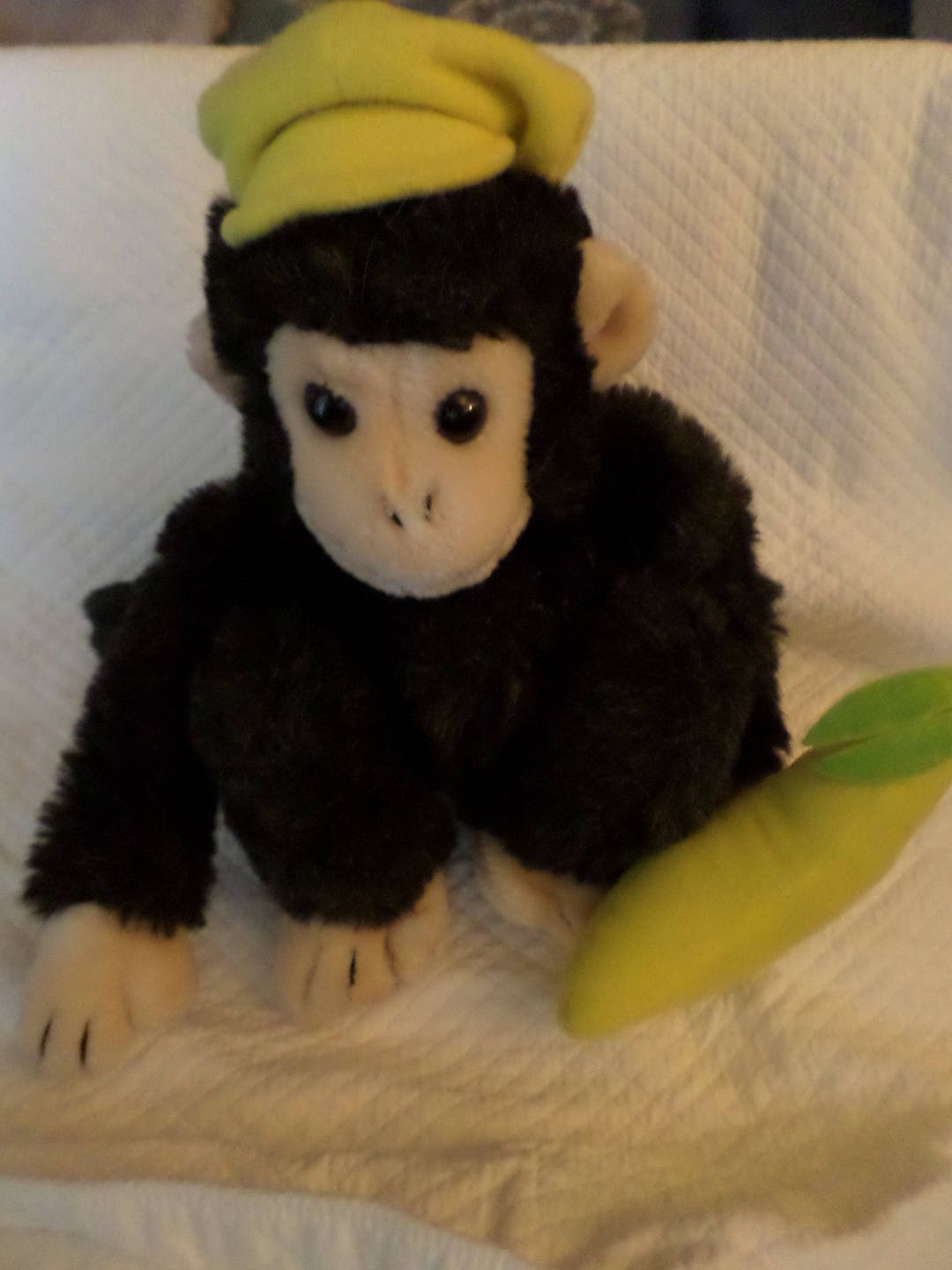 Jerry Elsner Monkey Plush Wears Yellow Hat Holds Banana 12" Newsboy Cap ...