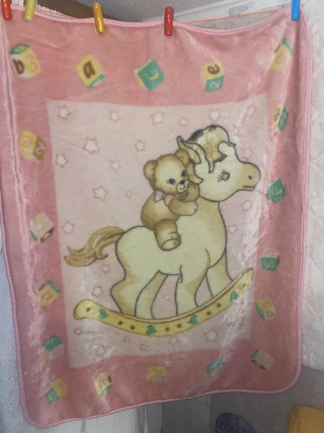 Vintage Baby Blanket Rocking Horse Bear Stars Blacks Pink Teal Hearts ...