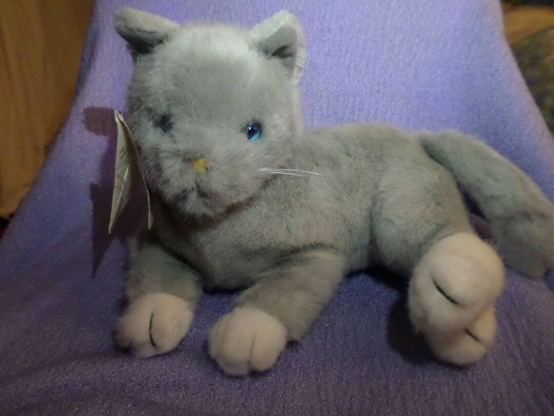 Vintage Dakin Cat Plush All Gray With White Paws Feet Blue Eyes Pink ...