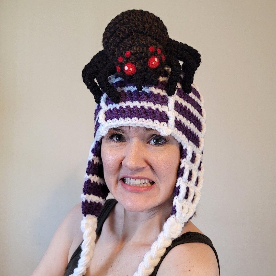 Giant Spider & Web Crochet Ear Flap Hat Pattern Crochet Halloween ...