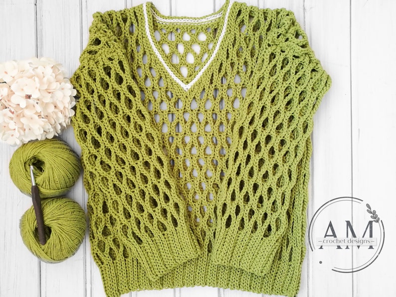 Crochet Pattern- Knit-look HOLEY Sweater,v-neck,jumper,pullover,loose ...