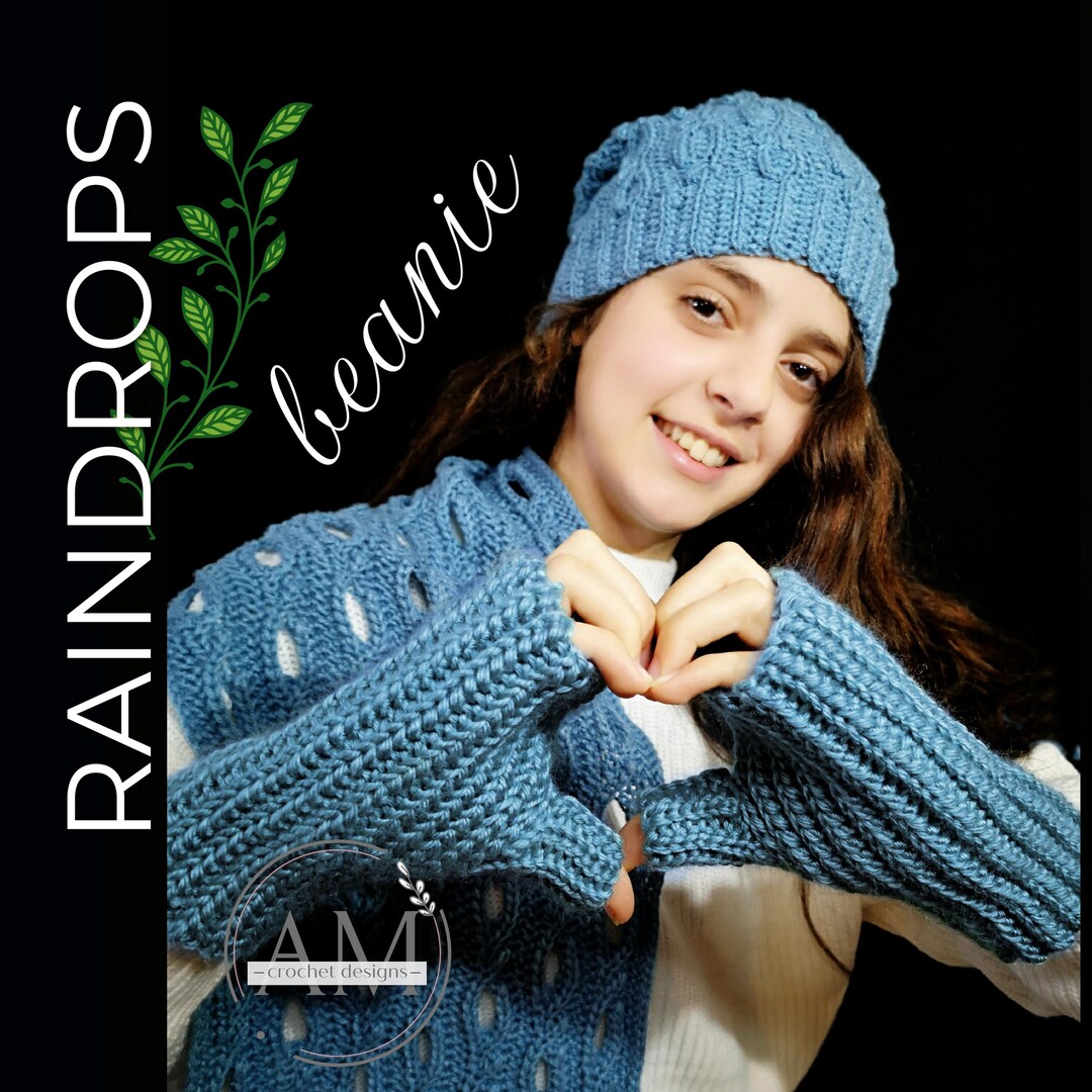 CROCHET PATTERN- RAINDROPS Knit-look Cabled Beanie, Hat, Textured ...