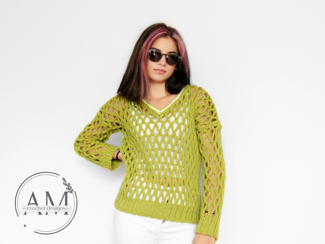 Crochet Pattern- Knit-look HOLEY Sweater,v-neck,jumper,pullover,loose ...