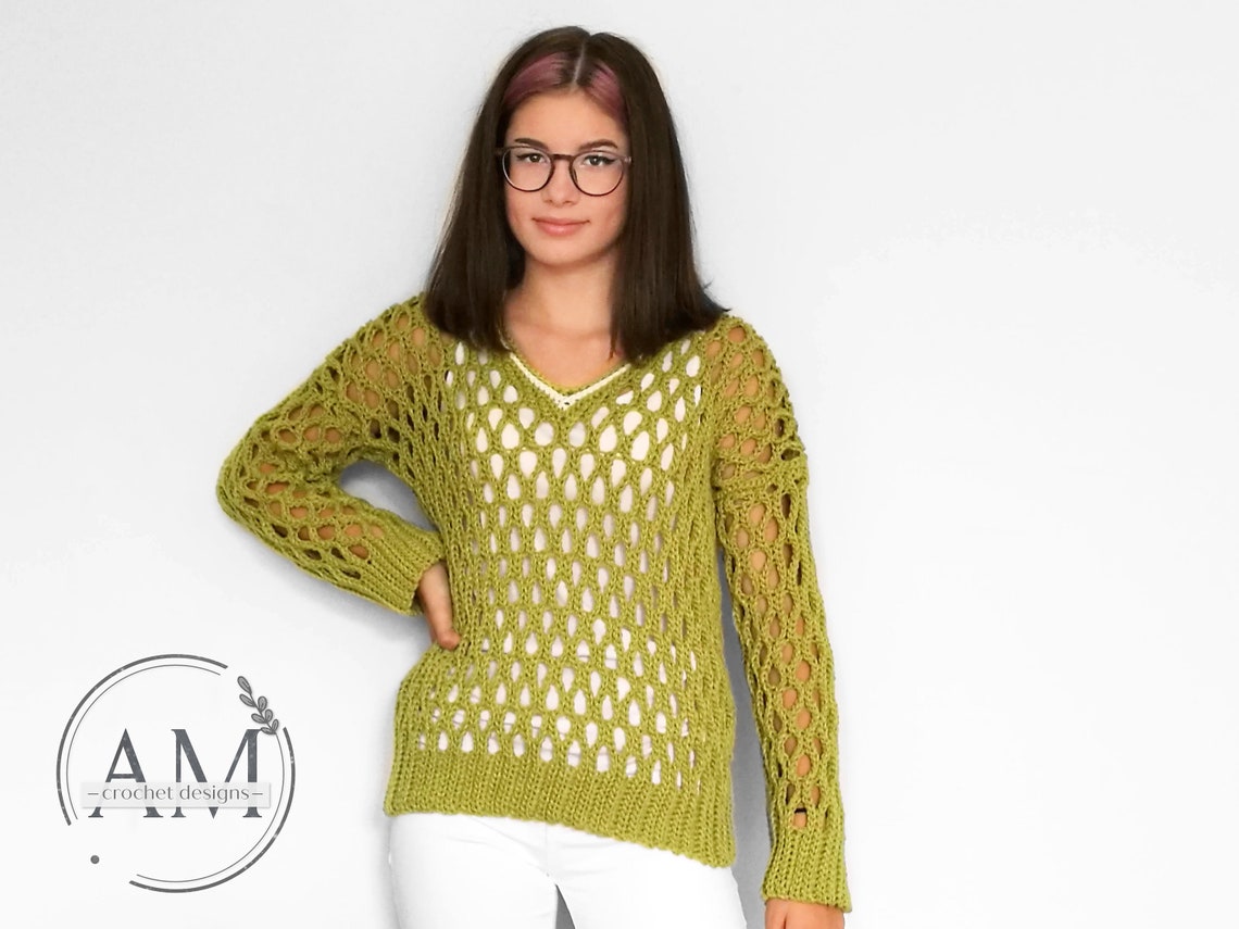 Crochet Pattern- Knit-look HOLEY Sweater,v-neck,jumper,pullover,loose ...
