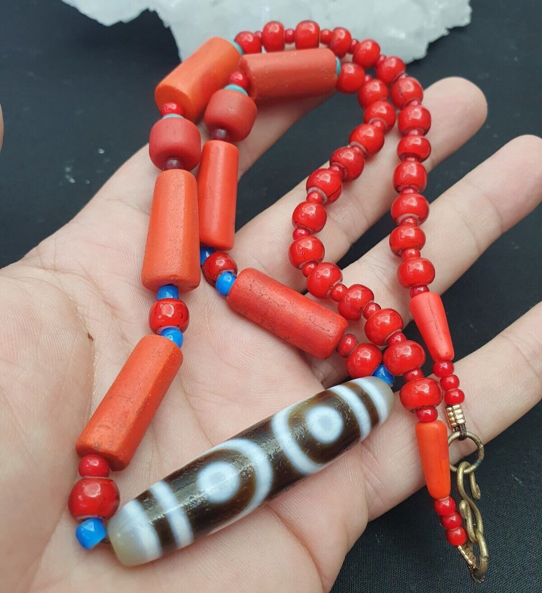Himalayan Indo Tibetan 7 Eyes Dzi With Antique Venetian Glass Amulet ...