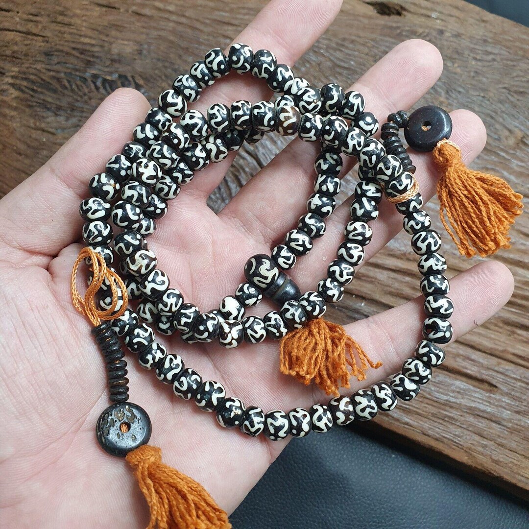 Vintage Himalayan Inscripted Spells on Yak Bone 108 Beads Rosary Mala ...