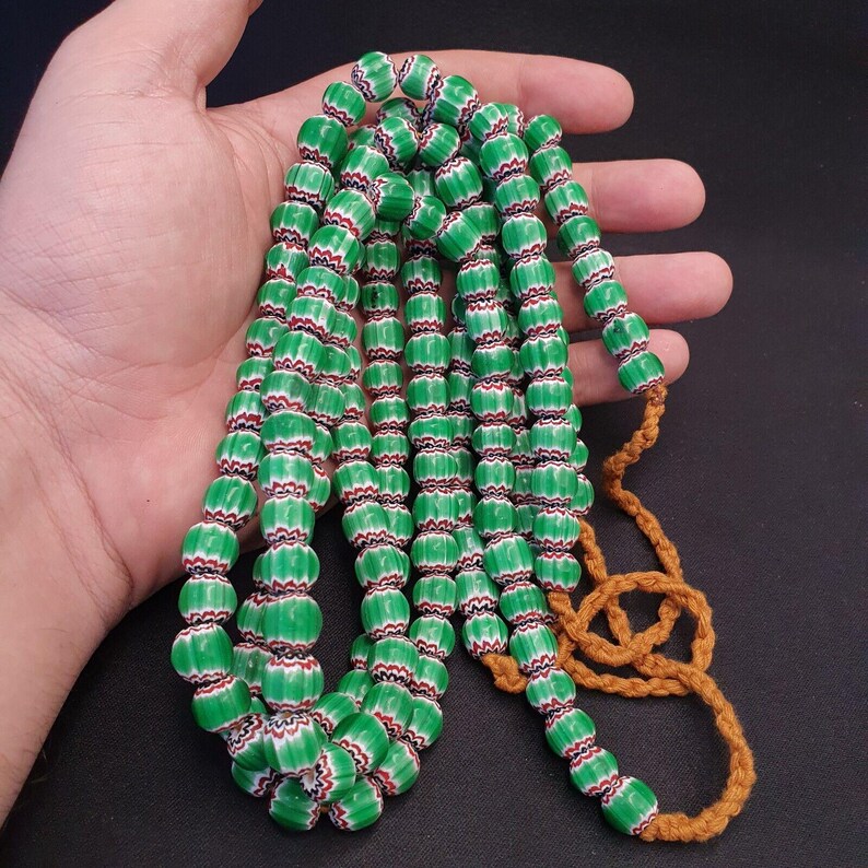 Vintage Venetian African Style Green Glass Chevron 10mm Beads Long