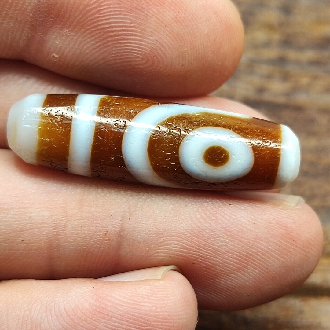 Antique Old Tibetan 2 Circle Eyes in Eye Agate Stone Dzi Bead Amulet Ct ...