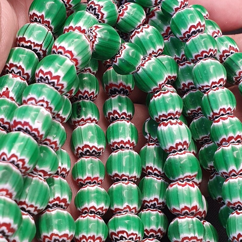 Vintage Venetian African Style Green Glass Chevron 10mm Beads Long