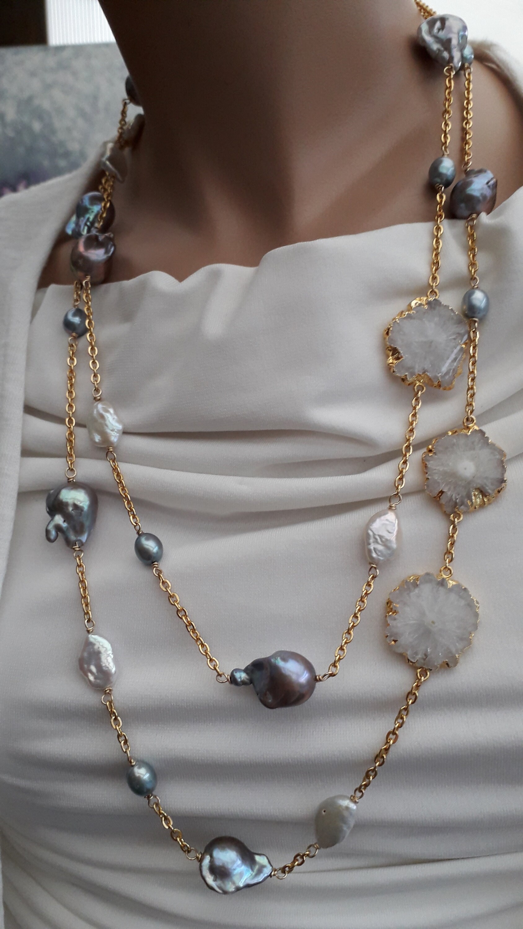 Extra Long Baroque Pearl and Chain Necklace Stalactite - Etsy