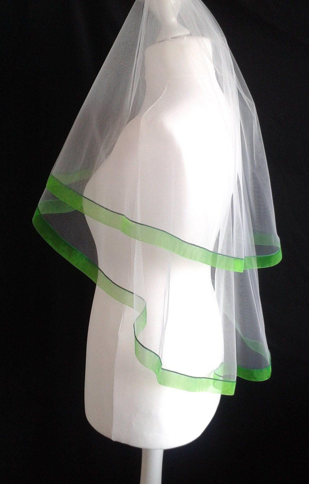 Green, Wedding, Veil, Any Colour, 2 Tier, Organza, Ribbon, Floor ...