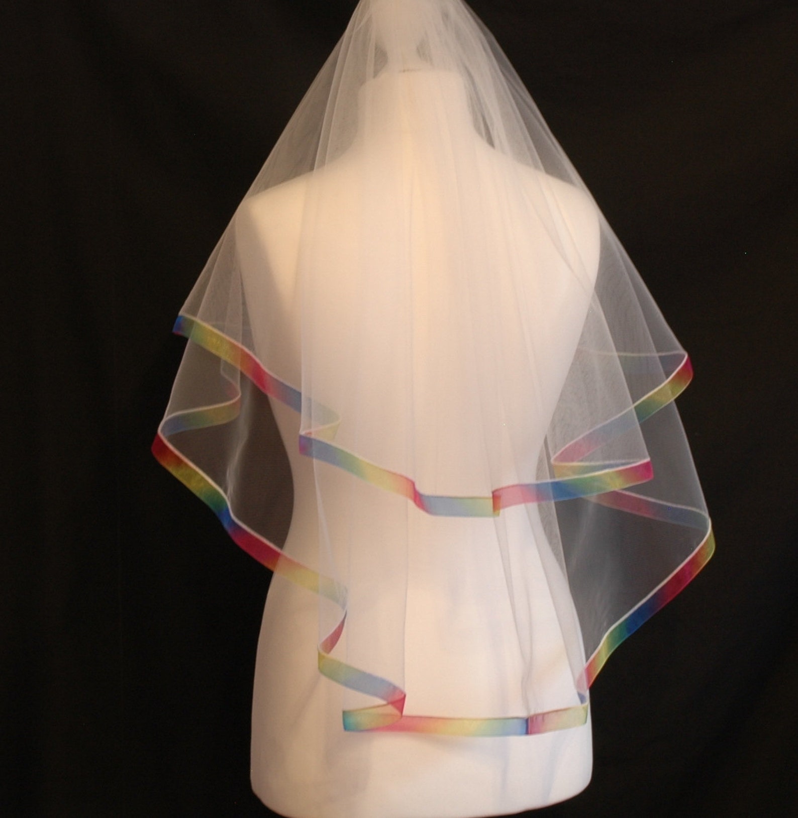 Rainbow, Veil, 2 Tier, Sheer, Ribbon, Edge, Elbow, Length, Floor ...