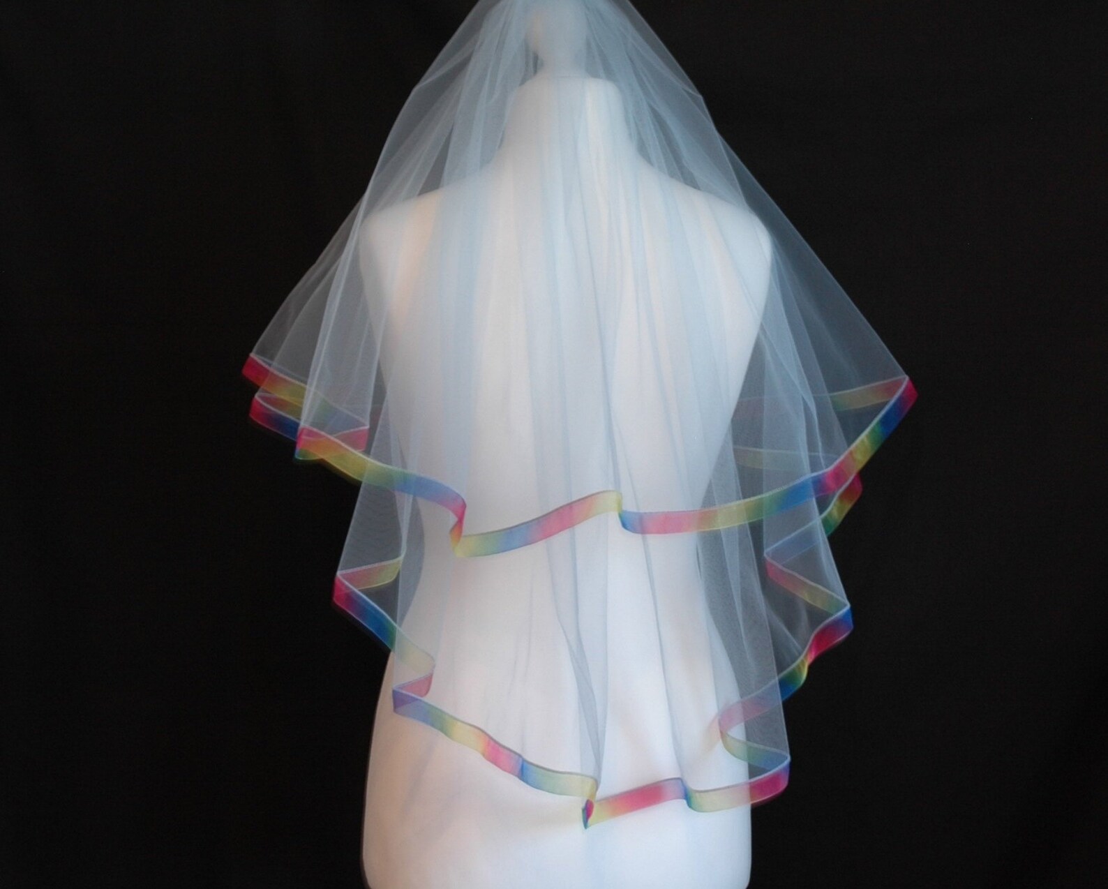 Rainbow Veil Blue 2 Tier Ribbon Edge Elbow Length - Etsy UK