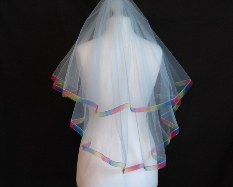 Rainbow Veil Blue 2 Tier Ribbon Edge Elbow Length - Etsy UK
