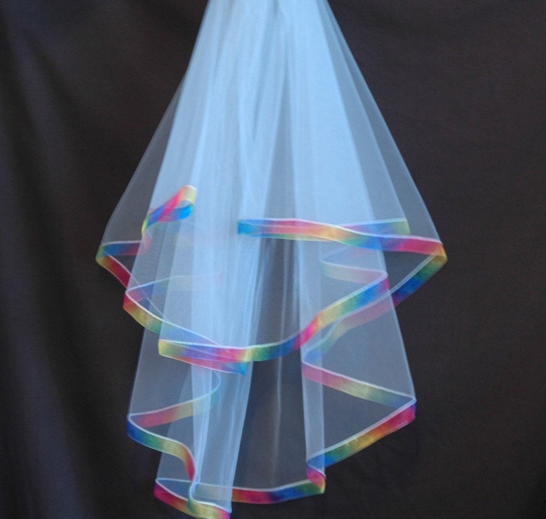 Rainbow, Veil, 2 Tier, Sheer, Ribbon, Edge, Elbow, Length, Floor ...