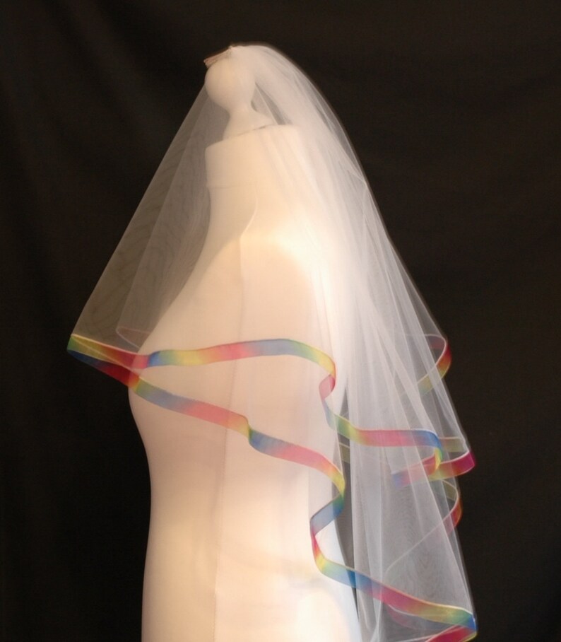 Rainbow, Veil, 2 Tier, Sheer, Ribbon, Edge, Elbow, Length, Floor ...