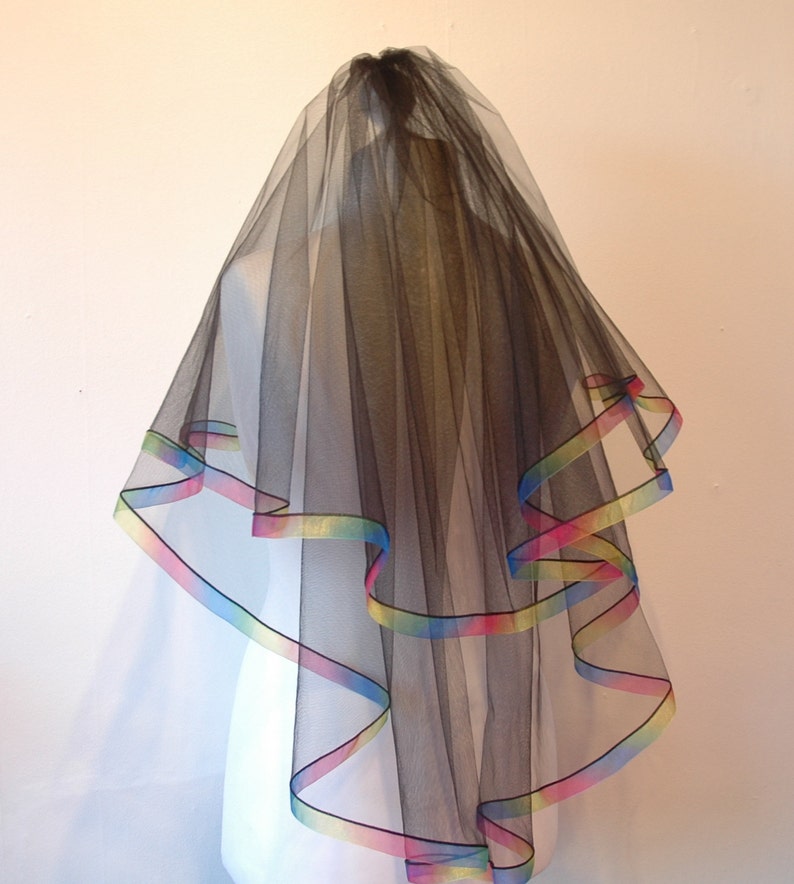 Rainbow Veil Blue 2 Tier Ribbon Edge Elbow Length - Etsy UK