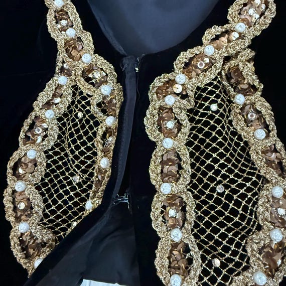 1960s Black Velvet Sequin Rhinestone Gold Trimmed Fol… - Gem