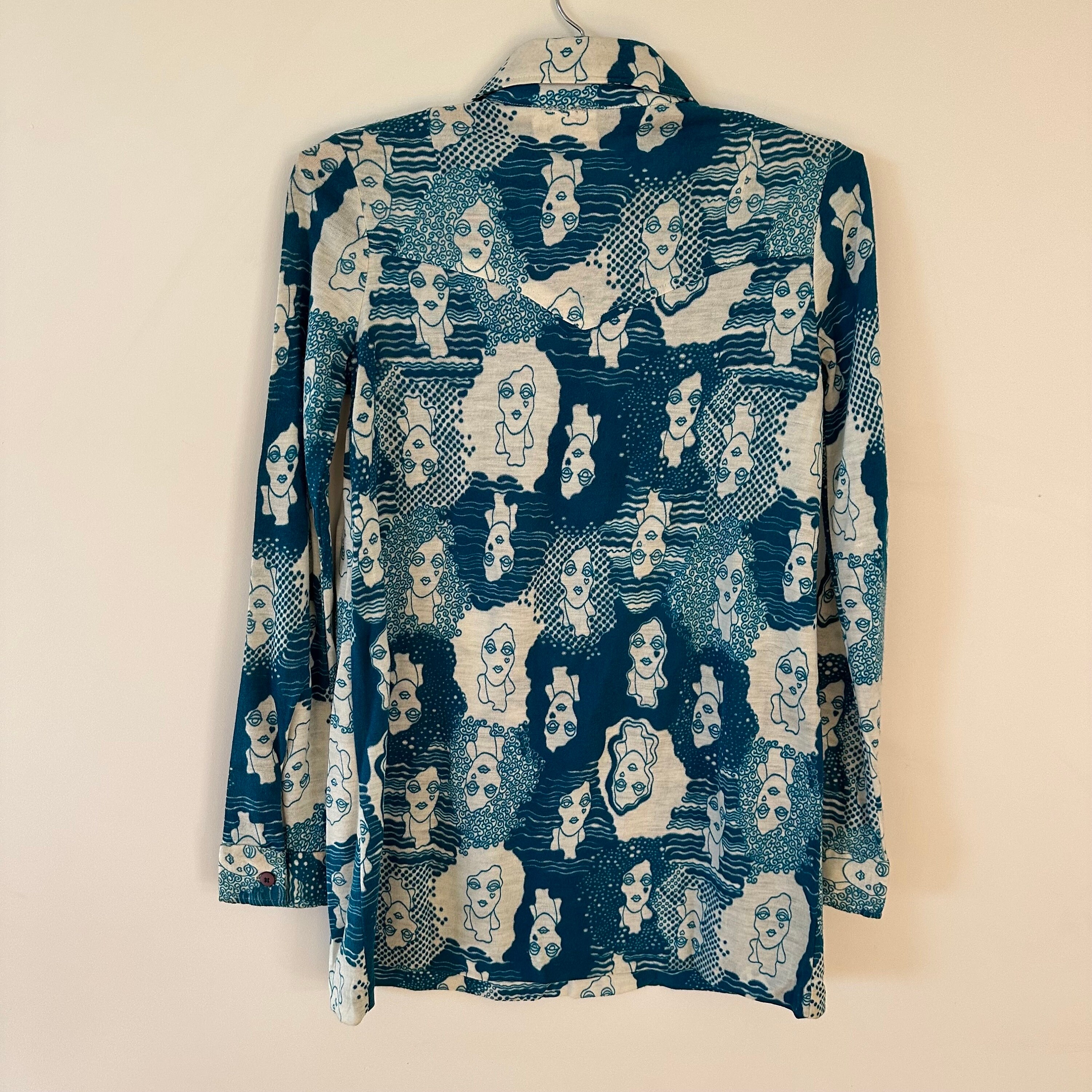 1970s Groovy Lady Faces Printed Dagger Collar Henley Shirt - Etsy