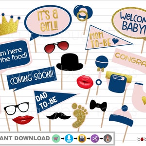 Baby Shower Photo Booth Props for Girl. Navy, Blush and Gold. PDF ...