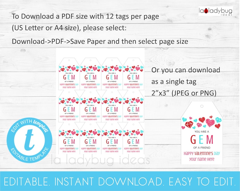 Editable Valentine's Day Gift Tags. You Are a Gem Printable Valentines ...