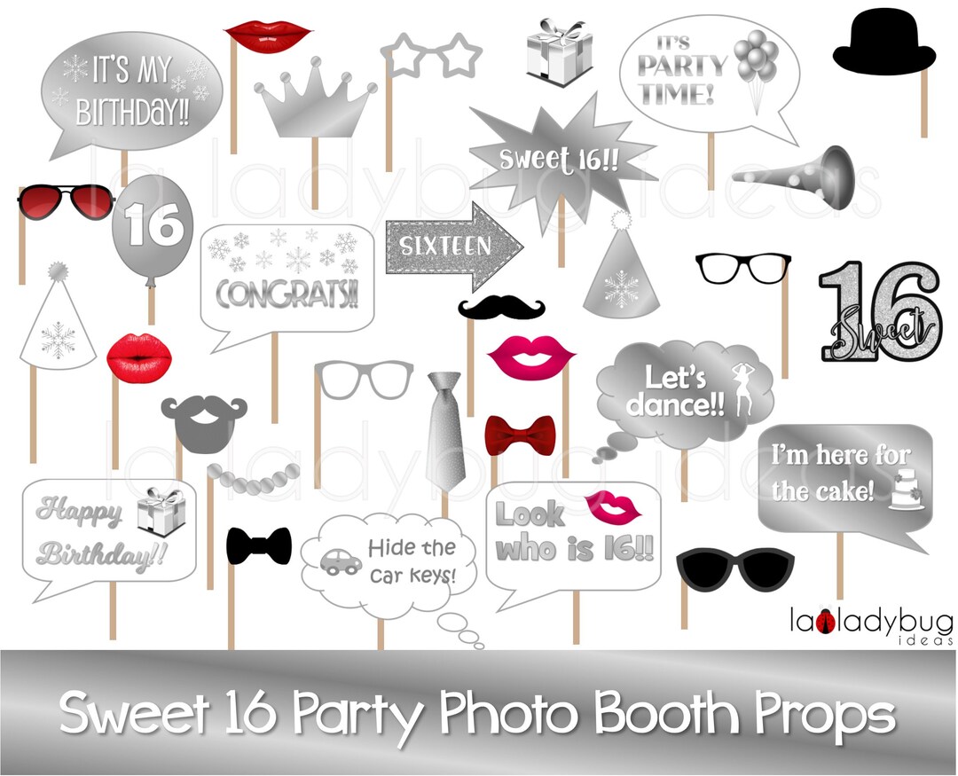 Sweet 16 Party Photo Booth Props. Printable. DIY Sweet 16 Party Props ...