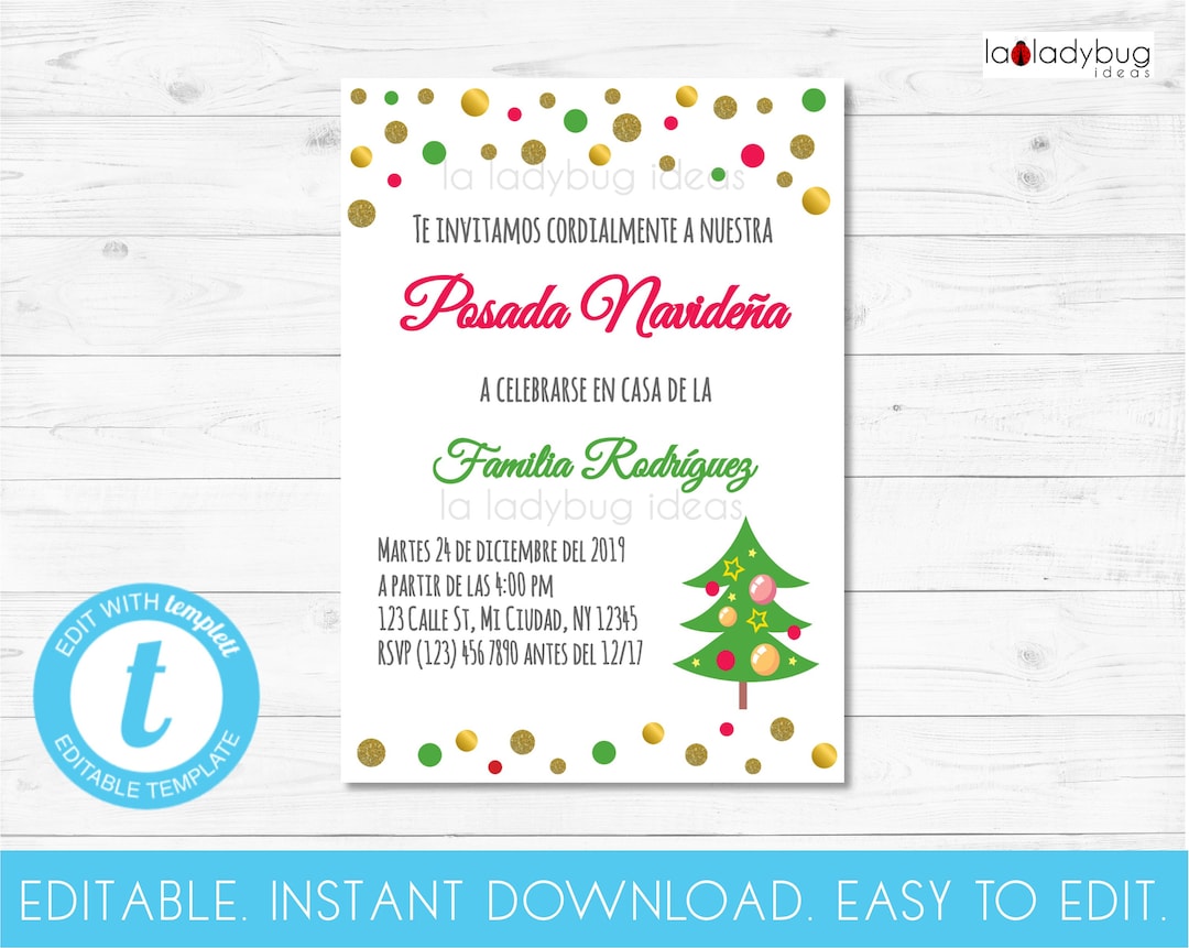 Invitacion Posada Navidena Editable. Christmas Party Invitation in Spanish. Printable Digital ...