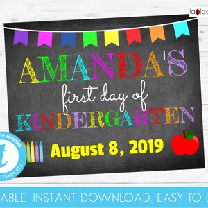 Editable First Day of Kindergarten Sign. Printable First Day of School ...
