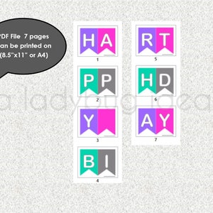 Printable Birthday Bunting, Purple, Pink, Aqua and Gray. Girl Birthday ...