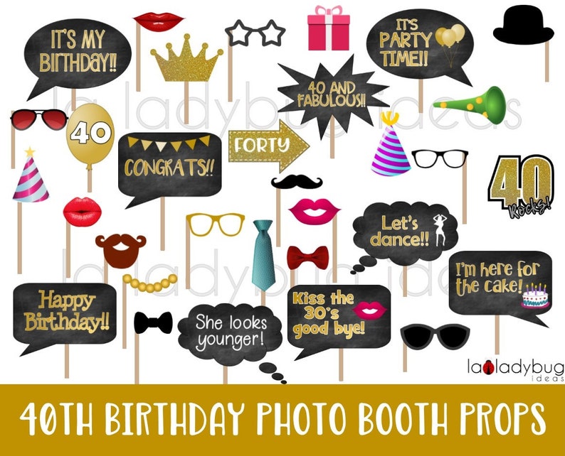 40th Birthday Gold Photo Booth Props. Printable. DIY Forty | Etsy