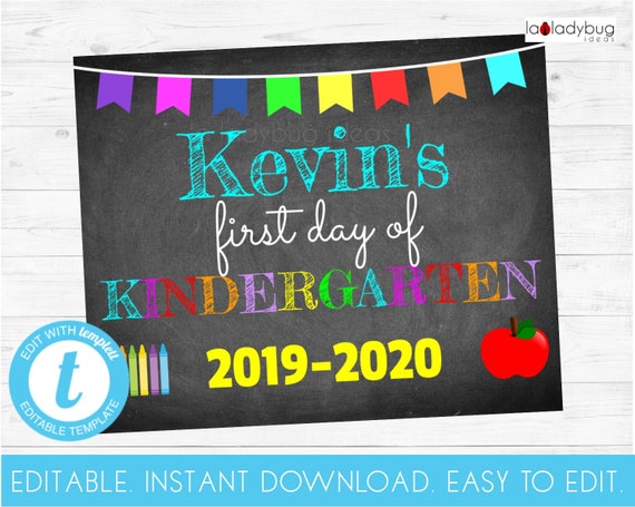Editable First Day of Kindergarten Sign. Printable First Day | Etsy