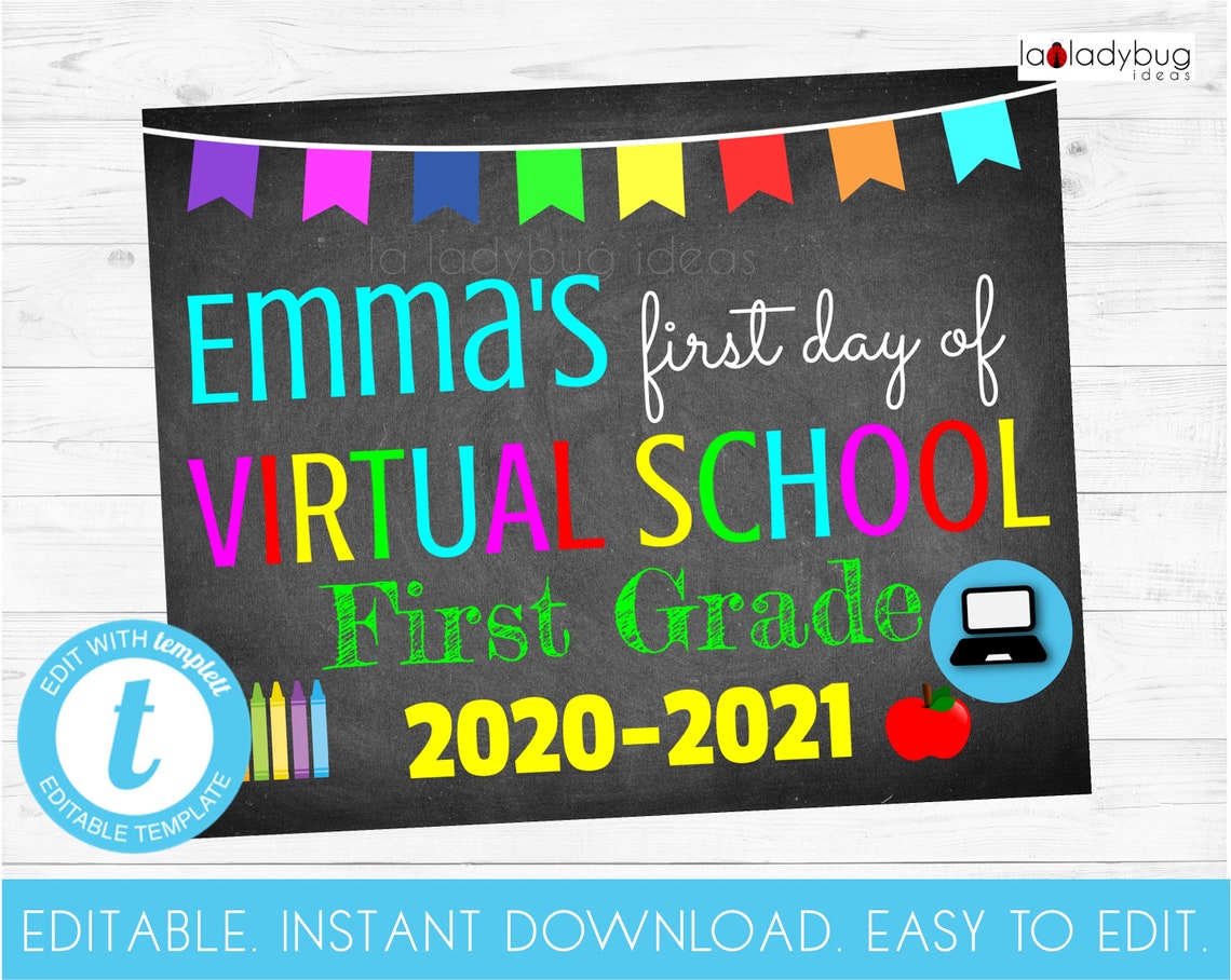 Editable First Day of Virtual School First Grade Sign. - Etsy