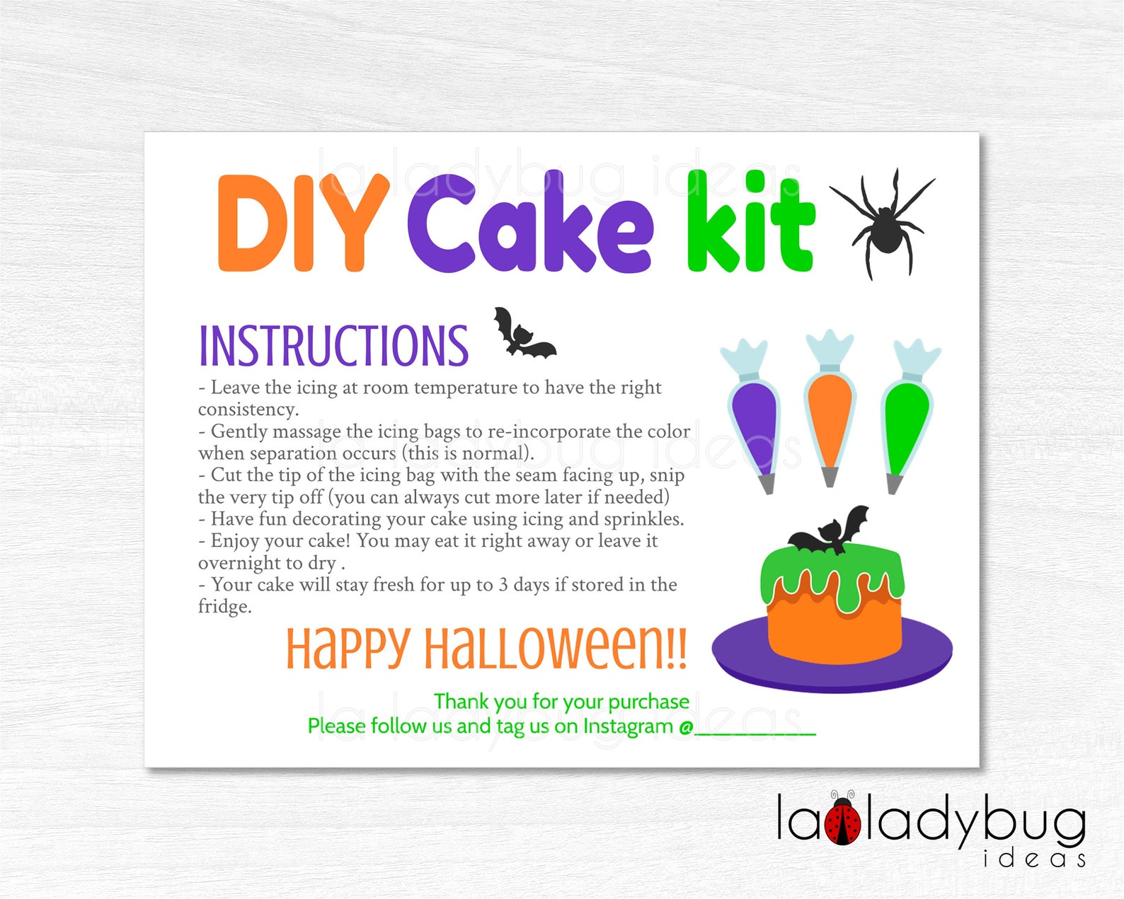 DIY Cake Kit Instructions Card. Halloween. Editable Template - Etsy