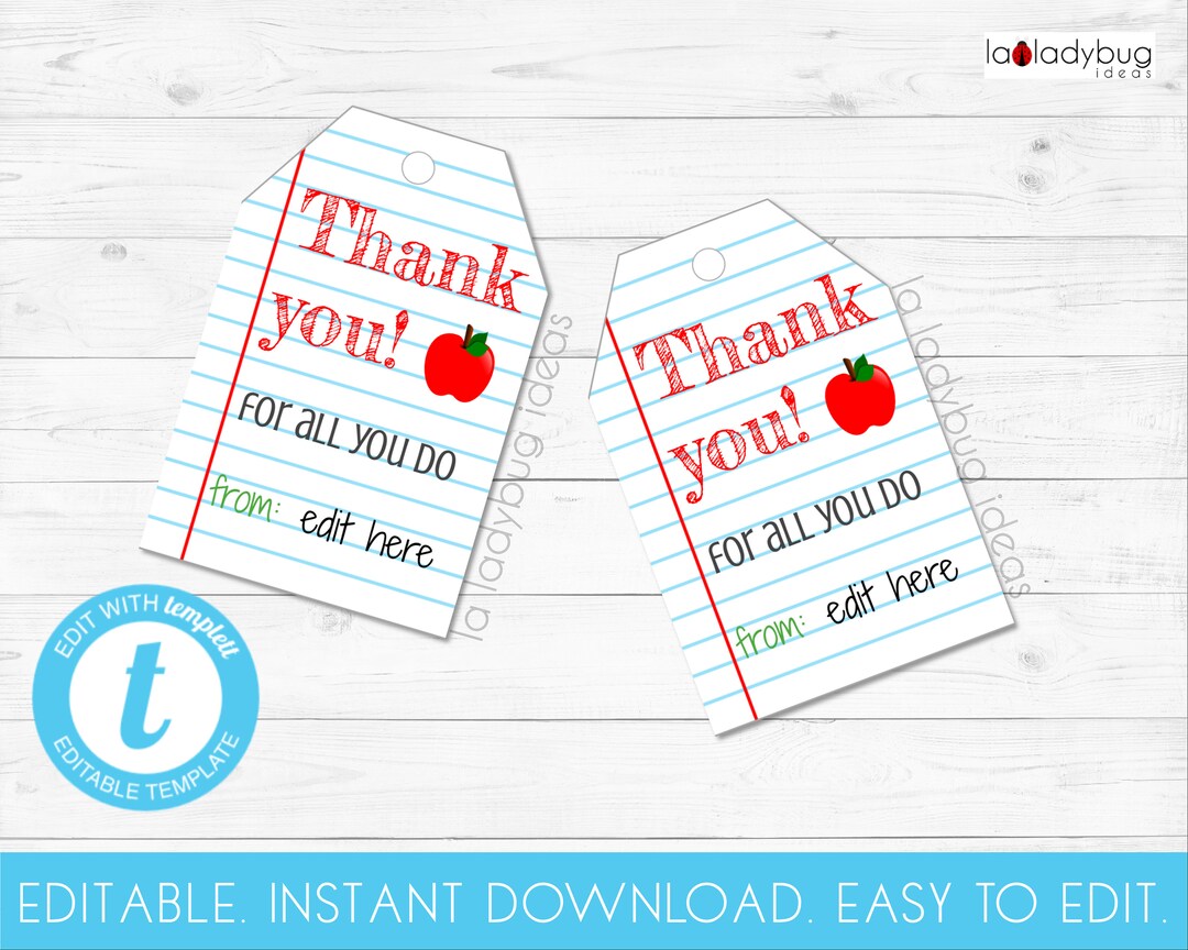 Editable Thank You Teacher Tags. Printable Gift Tags for Teachers ...