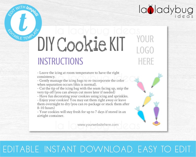 DIY Cookie Kit Instructions Card. Editable Template Cookie | Etsy