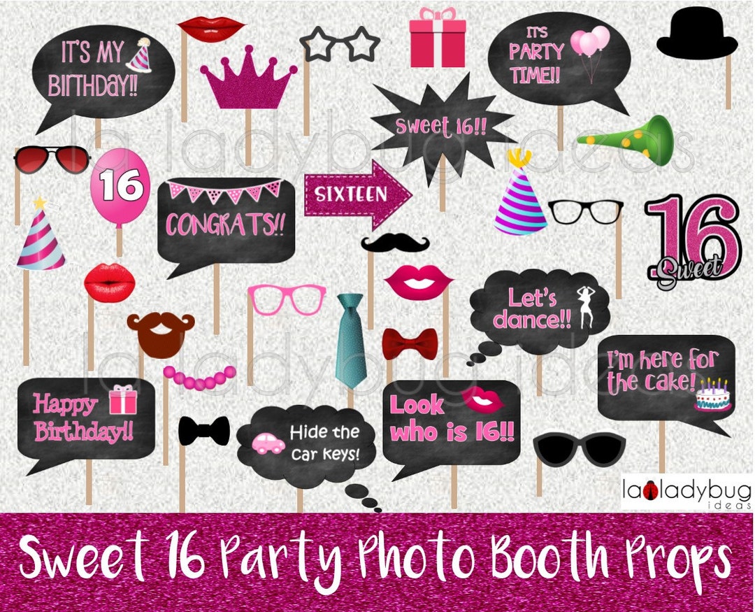 Sweet 16 Party Photo Booth Props. Printable. DIY Sweet 16 Party Props ...