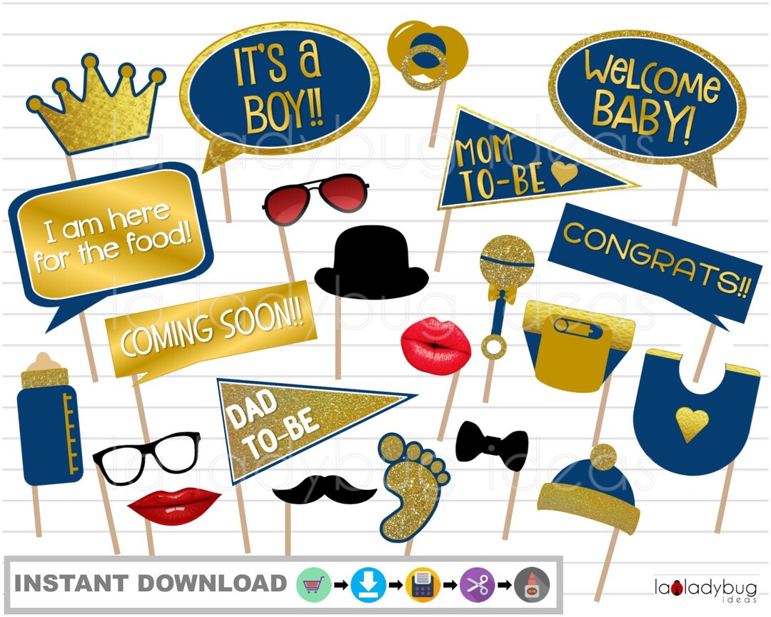 Navy and Gold Baby Shower Photo Booth Props for Boy. PDF Printable. DIY ...