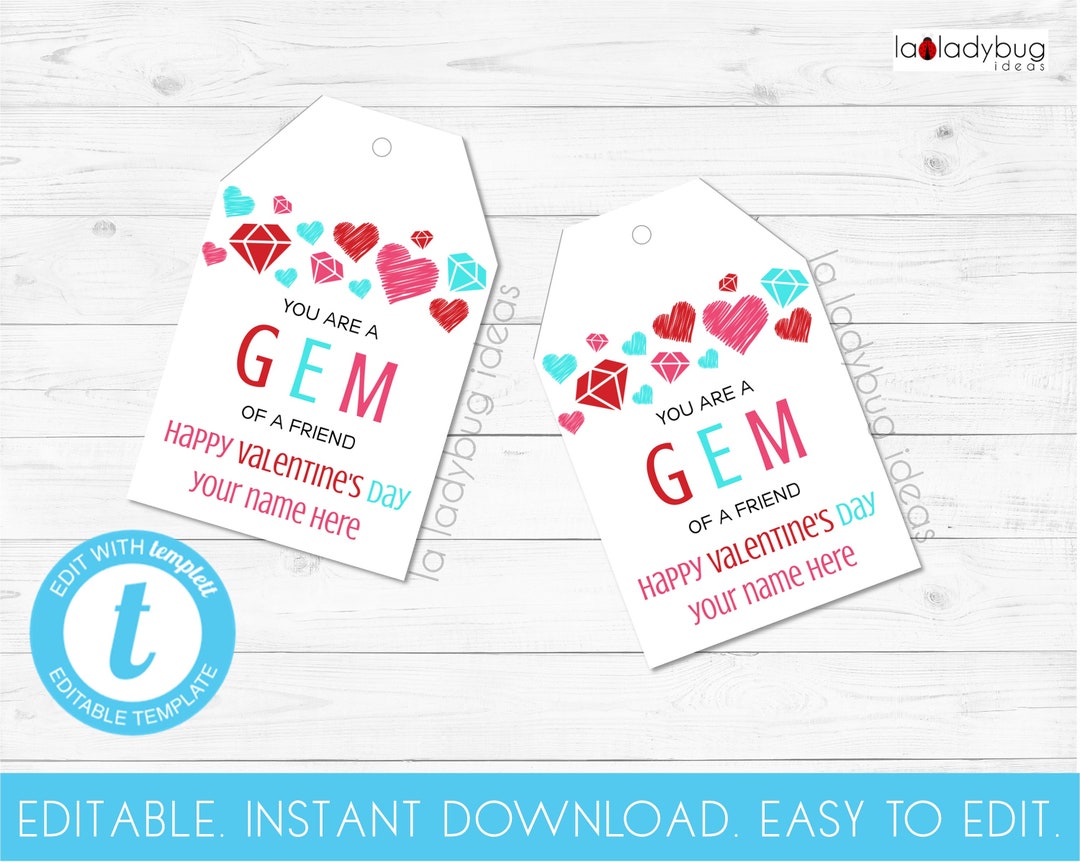 Editable Valentine's Day Gift Tags. You Are a Gem Printable Valentines ...
