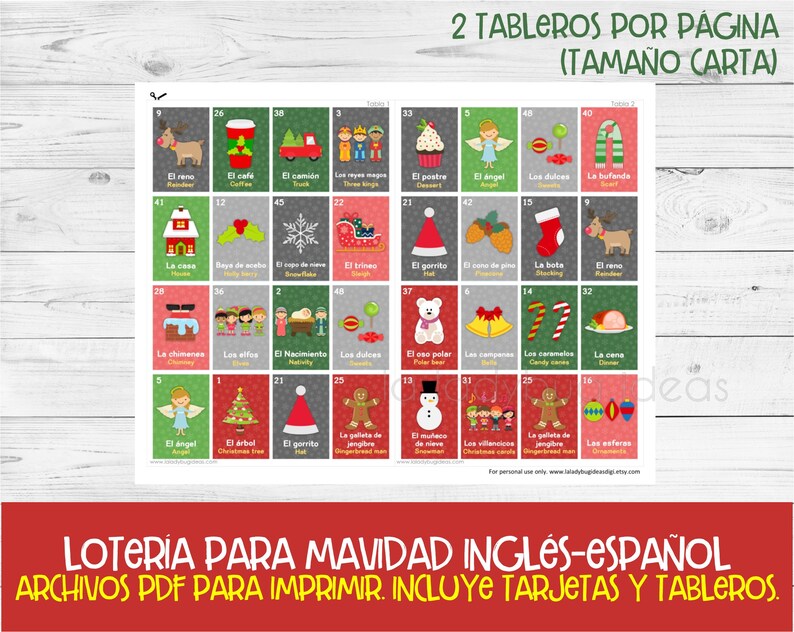 Juego de Lotería de Navidad: Bingo en inglés y español (PDF) - Etsy México