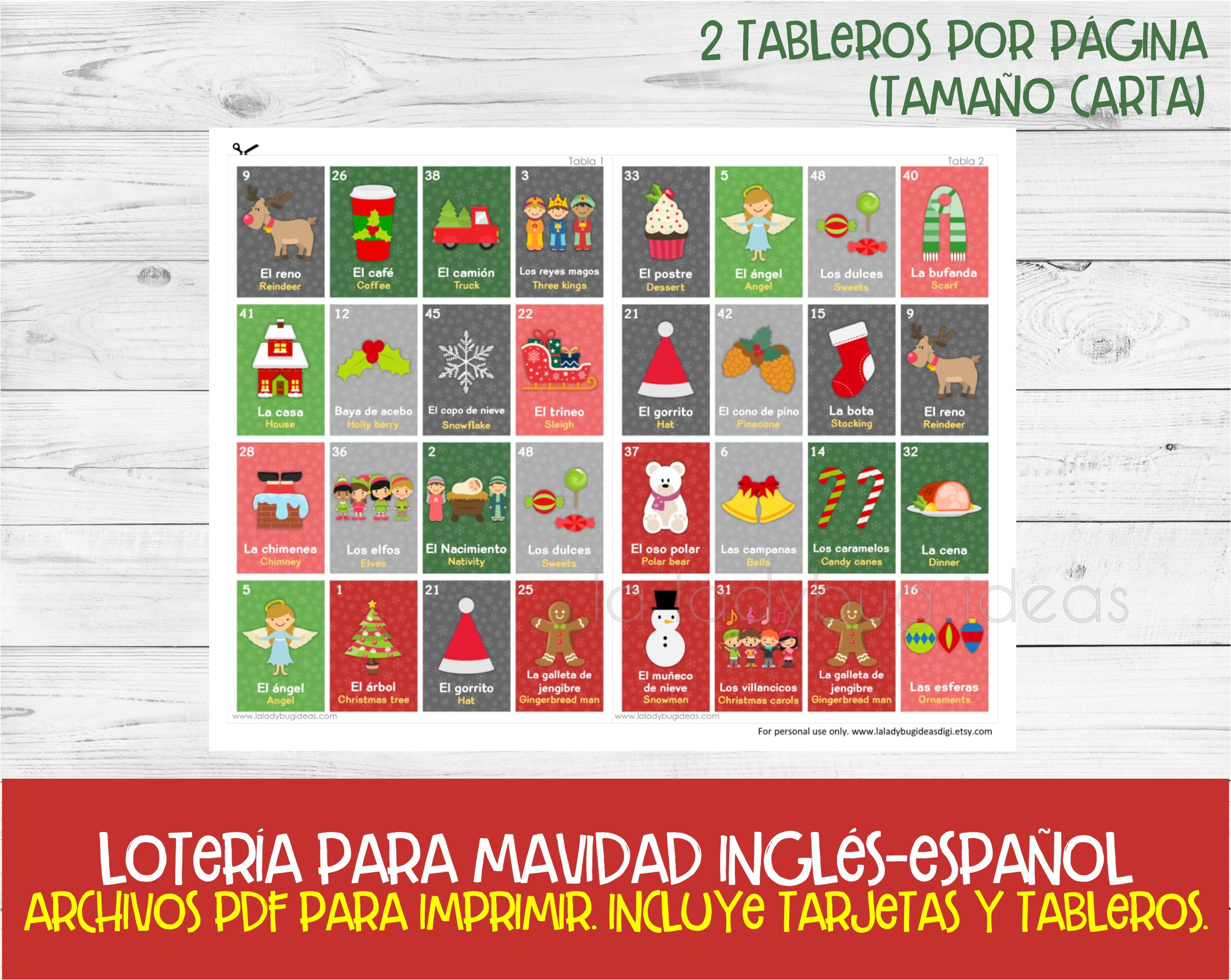 Lotería Navidad Ingles Y Español. Juego Para Navidad. PDF Para | Etsy