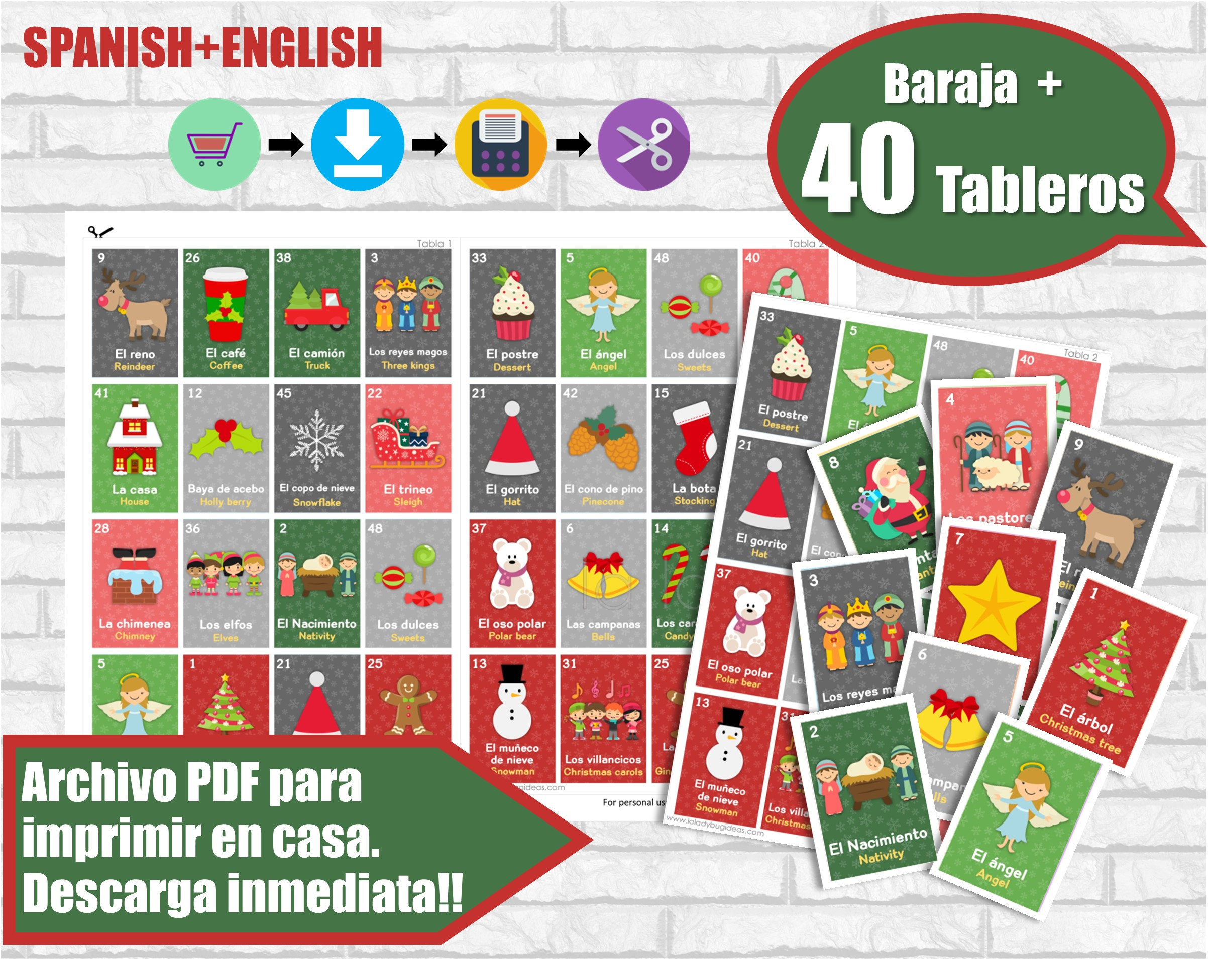 Lotería Navidad Ingles Y Español. Juego Para Navidad. PDF Para Imprimir ...