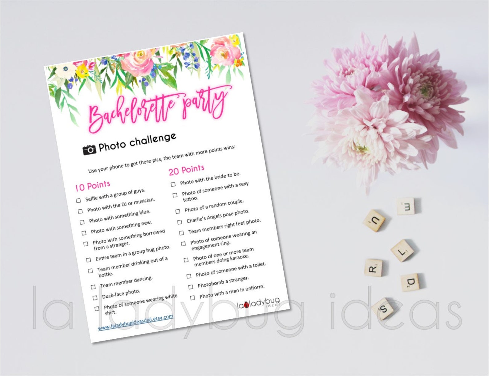 Bachelorette Party Photo Challenge, Floral. Printable Game. Bridal ...