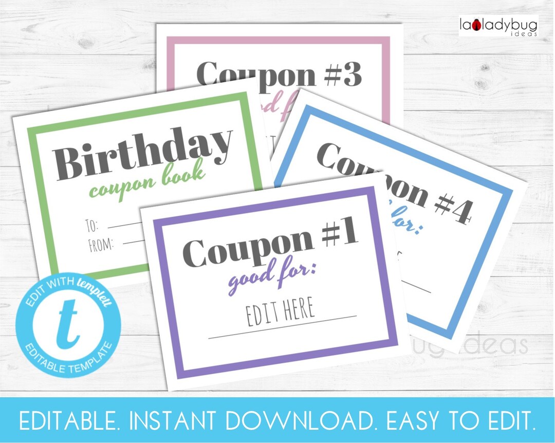 Editable Birthday Coupon Book, Printable Gift Cards (PDF/JPEG) - Etsy
