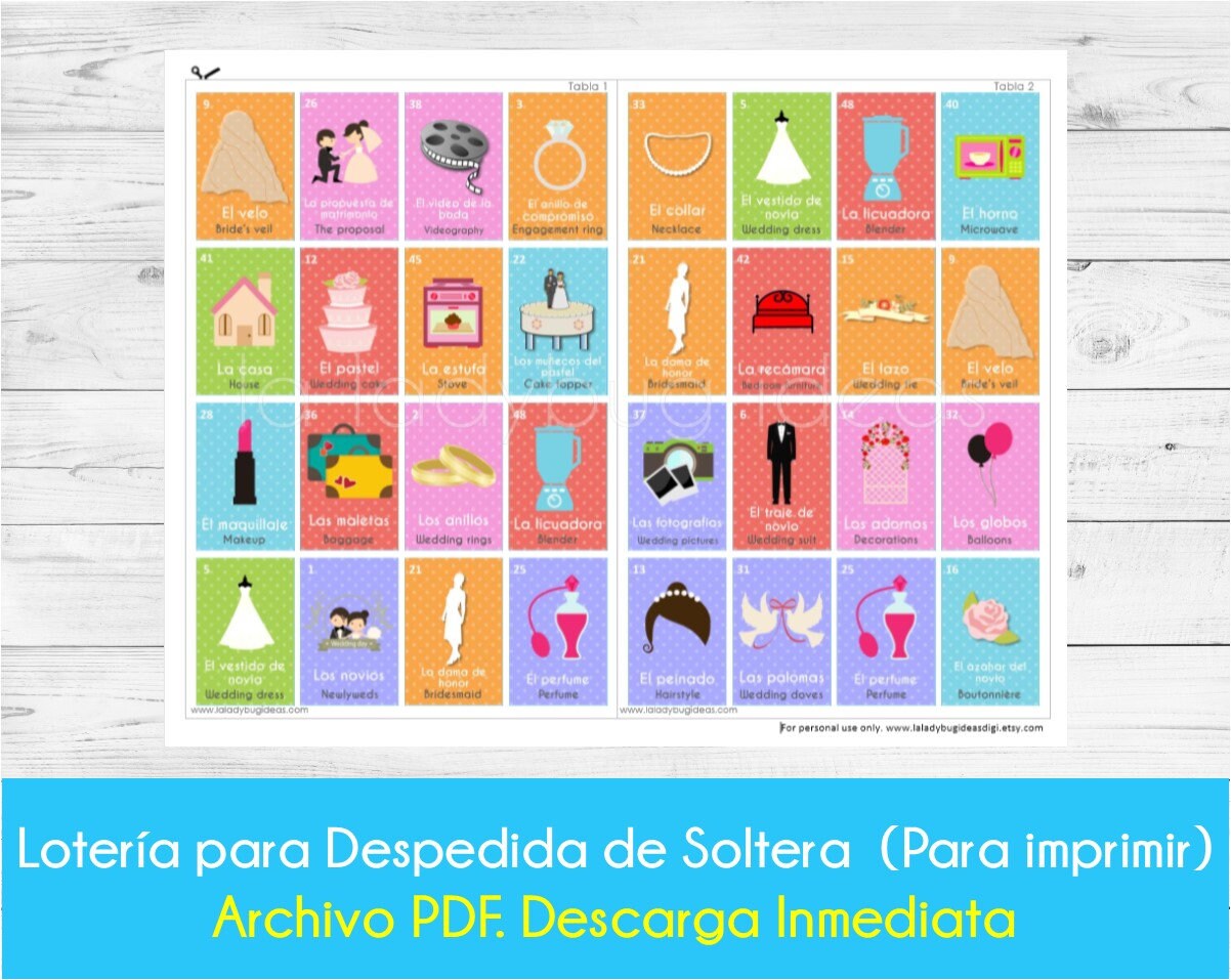 Loteria Despedida De Soltera En Español Para Imprimir 100 JUGADORES ...
