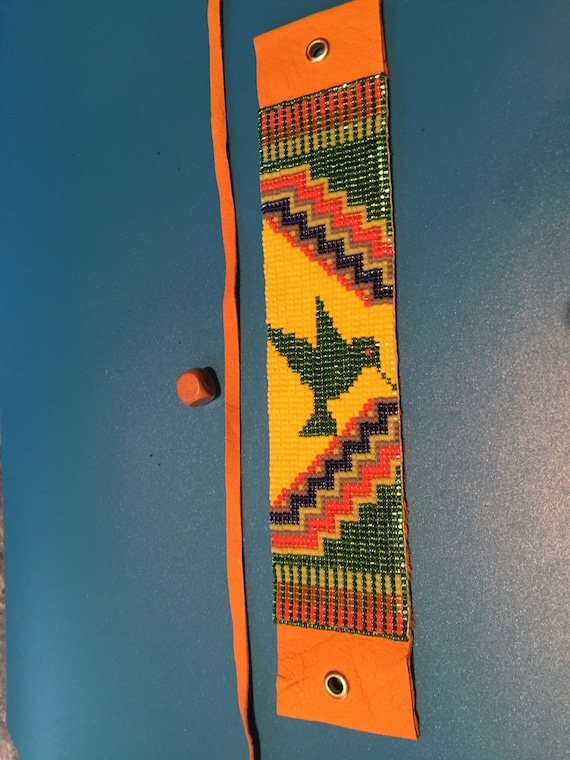 Hummingbird loom beaded with Green yellow orange and purple | Etsy
