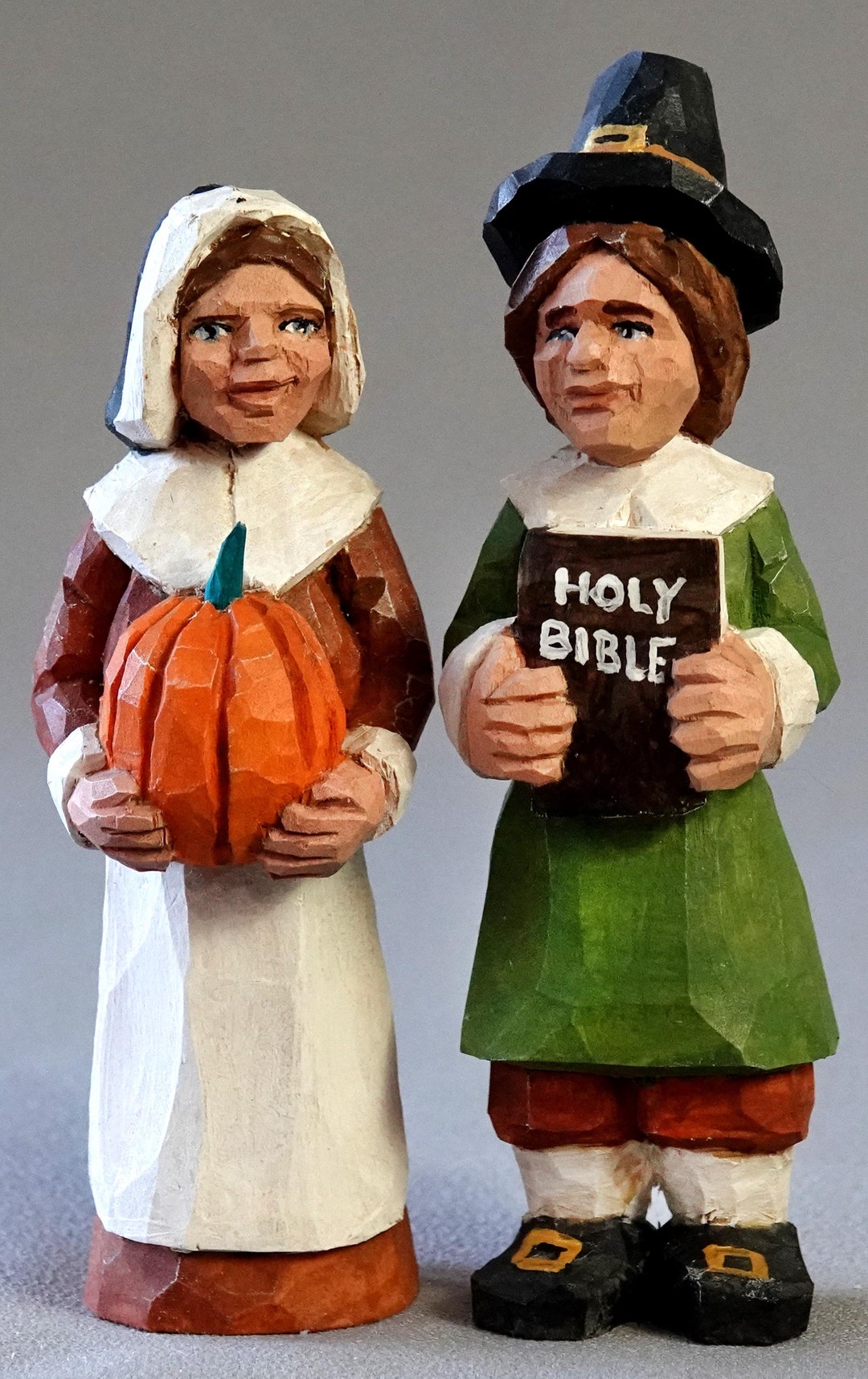 Hand Carved Pilgrim Couple, Thanksgiving Decor, Basswood Folk Art HO-35 ...