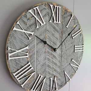 Large Wall Clock / Rustic Grey With Roman Numerals / Made From Rough ...