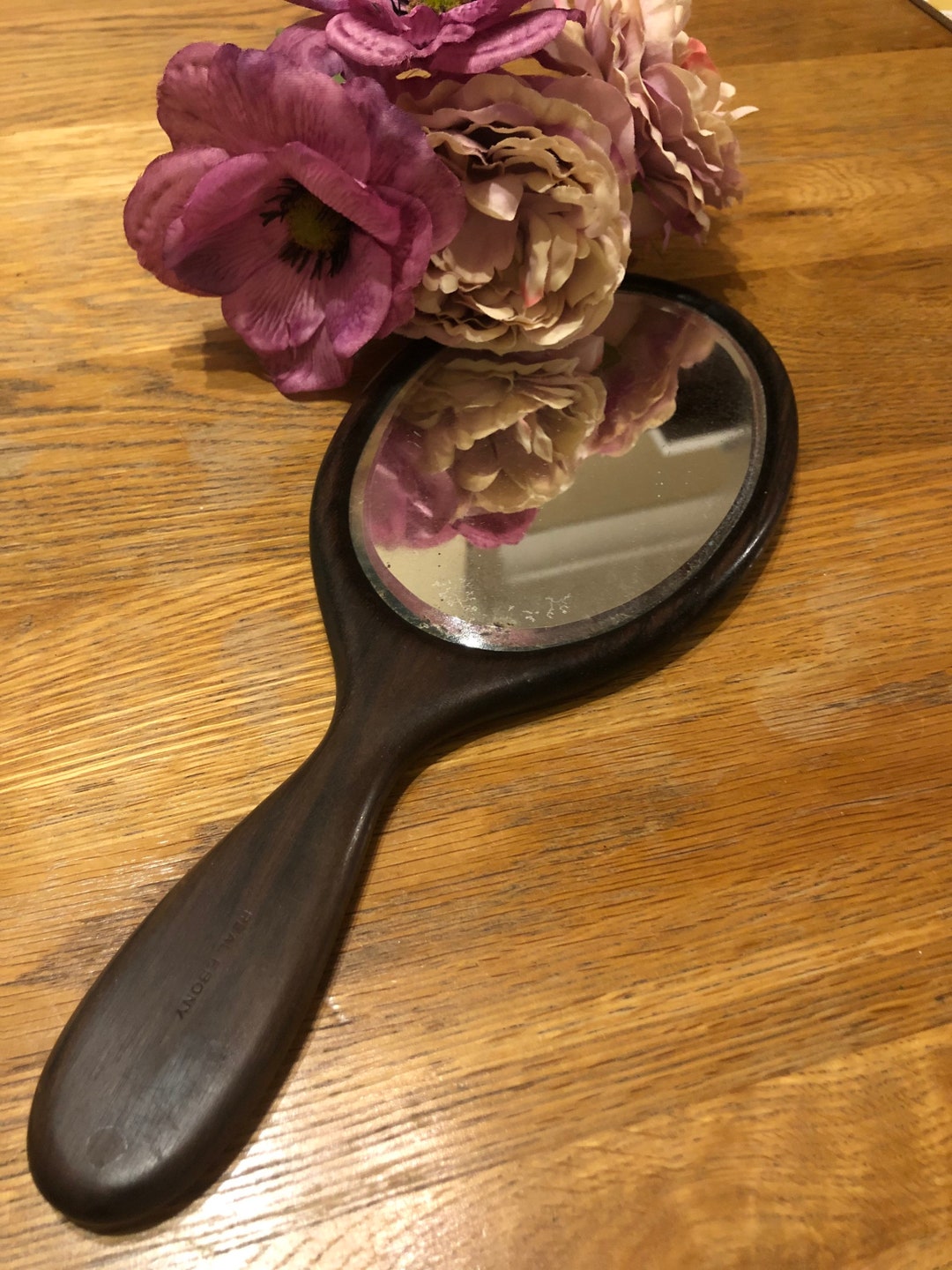 Vintage Oval Hand Mirror With Dark Wood Surround & Handle - Etsy UK
