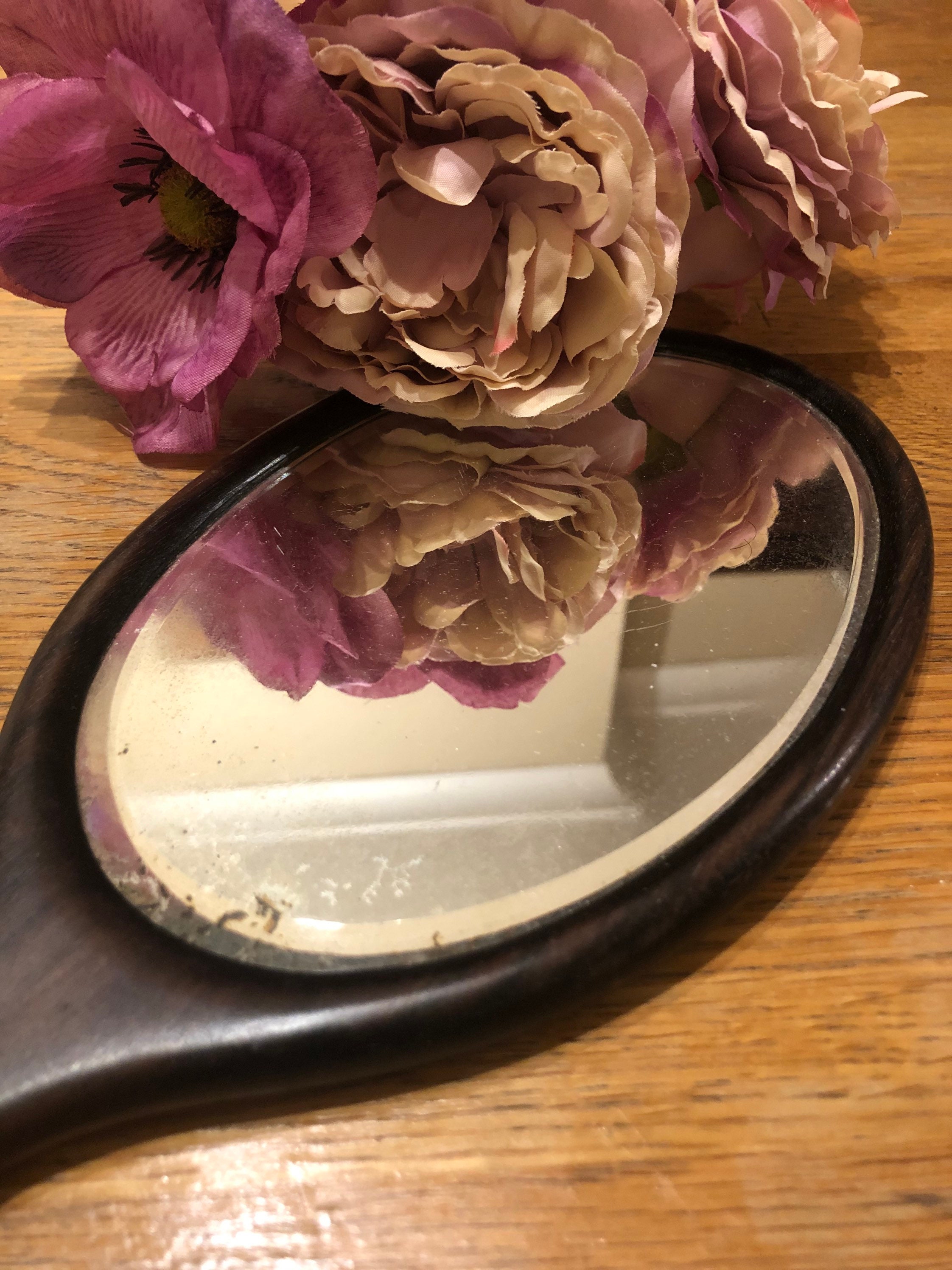 Vintage Oval Hand Mirror With Dark Wood Surround & Handle - Etsy